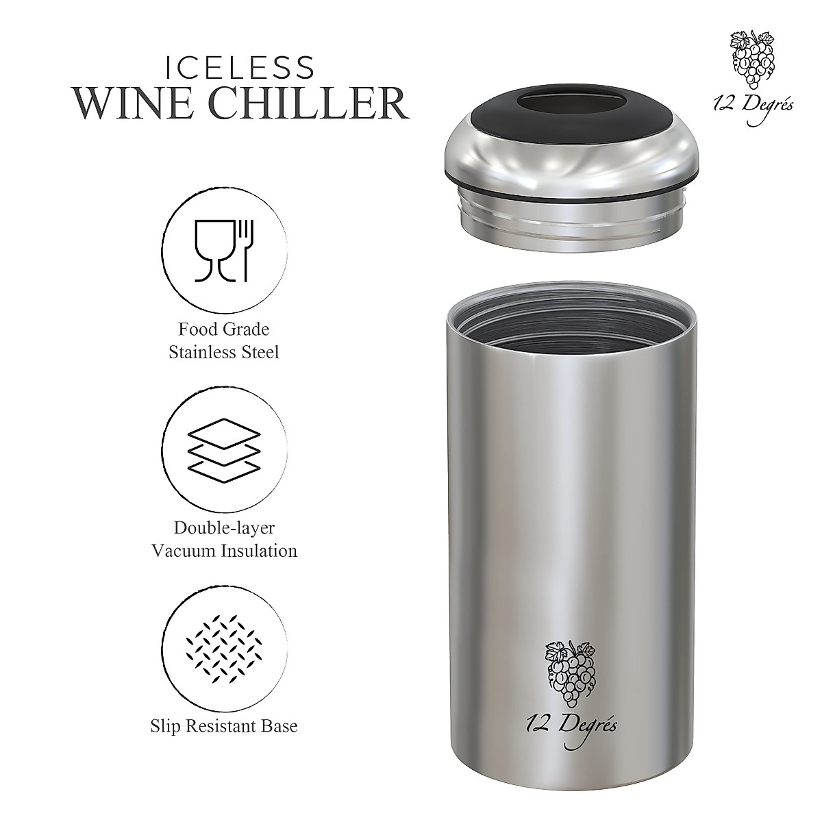12 Degrés Wine Chiller Set - Perfect Wine Gifts for Women & Men - Stainless Steel Insulated Wine Cooler with Wine Pump, Aerator & 4 Stoppers (Silver)