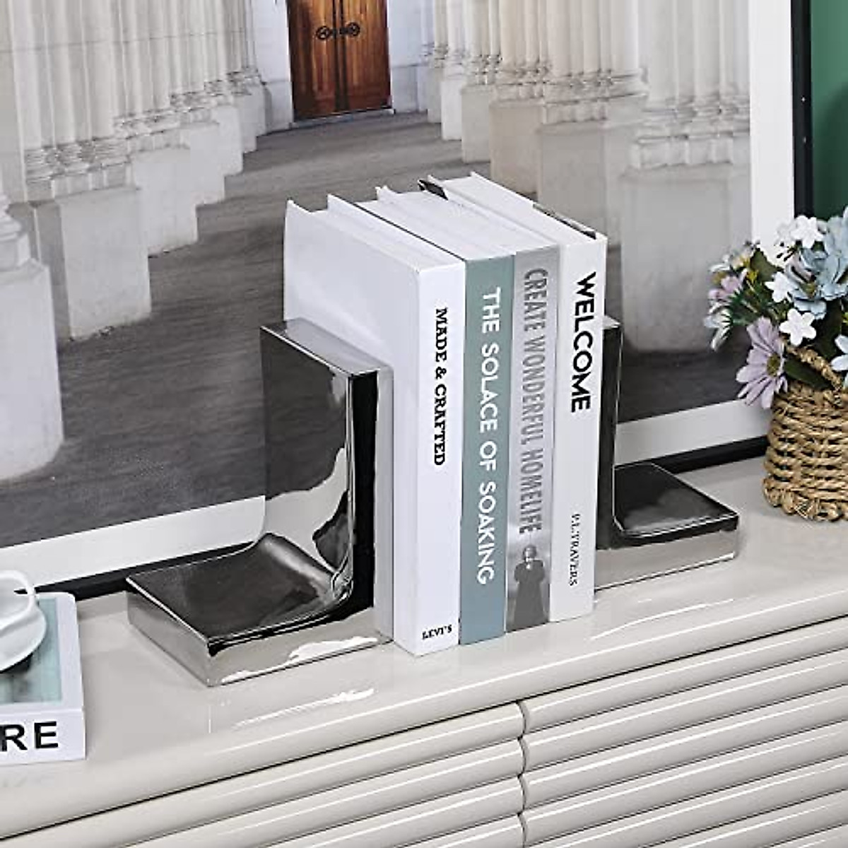 MyGift Metallic Silver Ceramic L-Shape Decorative Bookends Unique Modern Office Desk Book Stand, 1-Pair