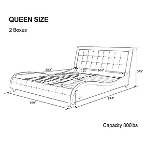 SHA CERLIN Queen Size Box-Tufted Platform Bed Frame / Faux Leather Upholstered Bed Frame with Headboard / Wood Slat Support / Wave-Like Modern Bed / Low Profile Mattress Foundation / Black