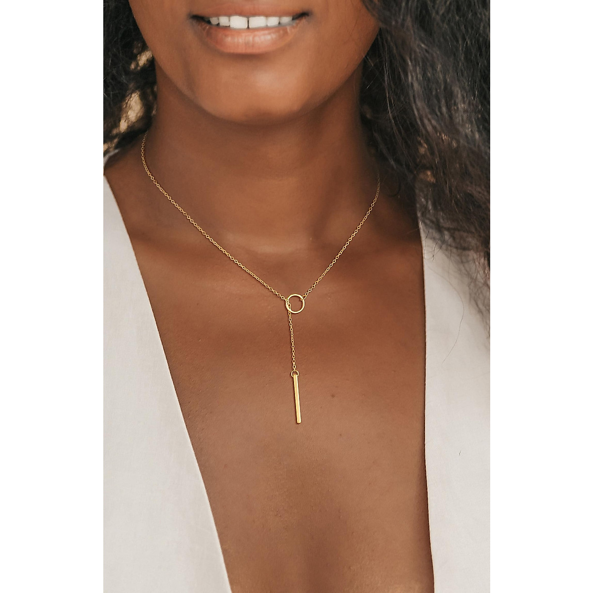 Picuzzy Lariat Gold Necklace for Women, Dainty 14k Gold Plated Y Necklace for Women Trendy Layered Circle Bar Chain Pendant Necklaces Simple Gold Jewelry for Women Gift