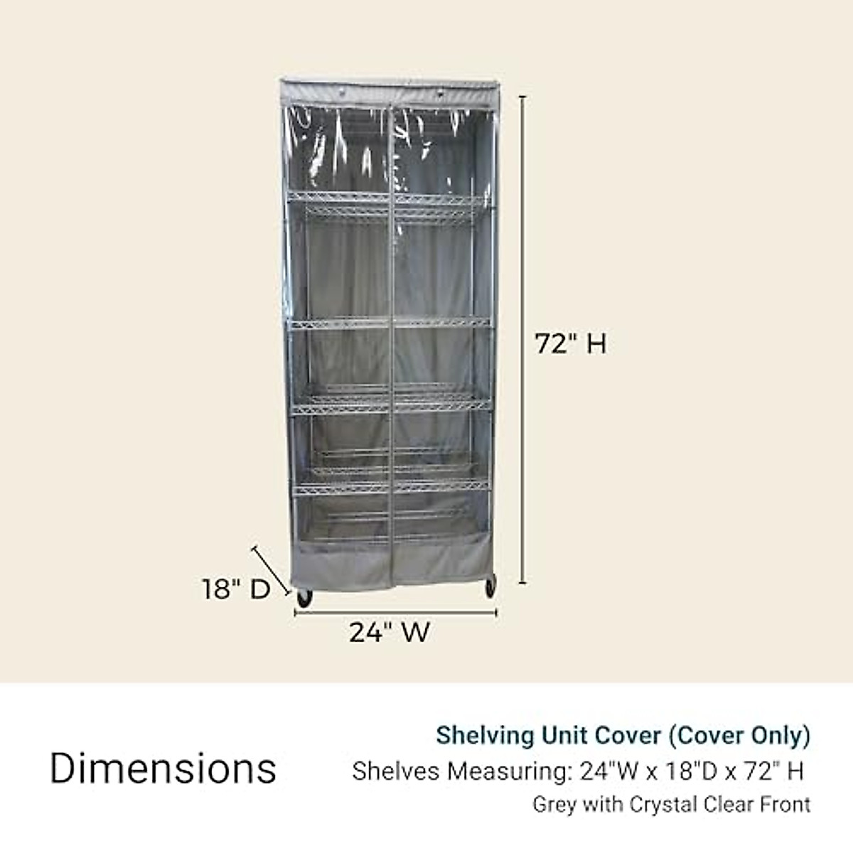 Formosa Covers Premium Clear Front Wire Shelf Cover Grey - Heavy-Duty Storage Solution for Wire Shelving Rack (24”Wx18”Dx72”H) - Waterproof PVC, Water/Dust Resistant Fabric, Multi Zipper