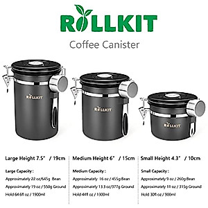 RollKit Coffee Canister Airtight Storage Containers for Beans Grounds, Stainless Steel Flavor-Saving Holder for Tea Jar w/Date Tracker, CO2 Release Valve, Airtight Lid, Scoop - Medium 16oz, Gray