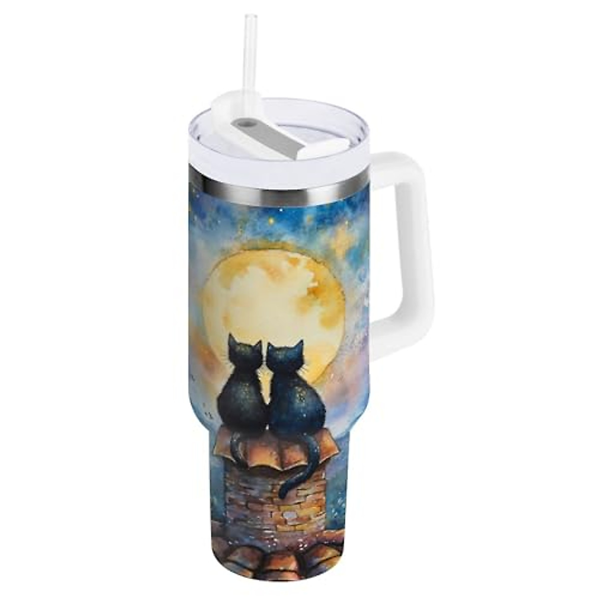 ODAWA Romantic Cats Moon Blue Travel Coffee Tumbler 40 Oz Drinking Cups with Lid and Straw