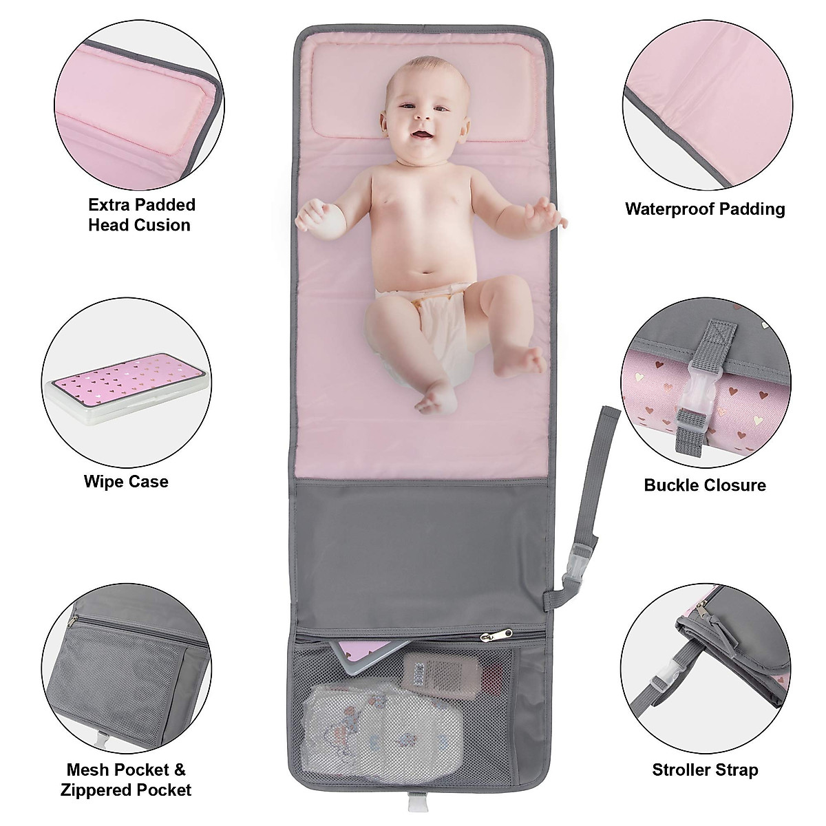Portable Diaper Changing Pad Station Waterproof for Baby Girl, Boy with Padded Head Rest, Wipes Dispenser (Pink Hearts)