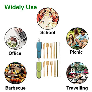 UPTRUST 2 Set Bamboo Cutlery Set Bamboo Travel Utensil Reusable Organic Bamboo Utensil Fork Knife Spoon Chopsticks Straw Cleaning Brush for Travel Picnic School Office（Skyblue& Green）