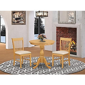 East West Furniture ESNF3-OAK-C 3 Piece Modern Dining Table Set Contains a Round Wooden Table with Pedestal and 2 Linen Fabric Upholstered Dining Chairs, 30x30 Inch, Oak