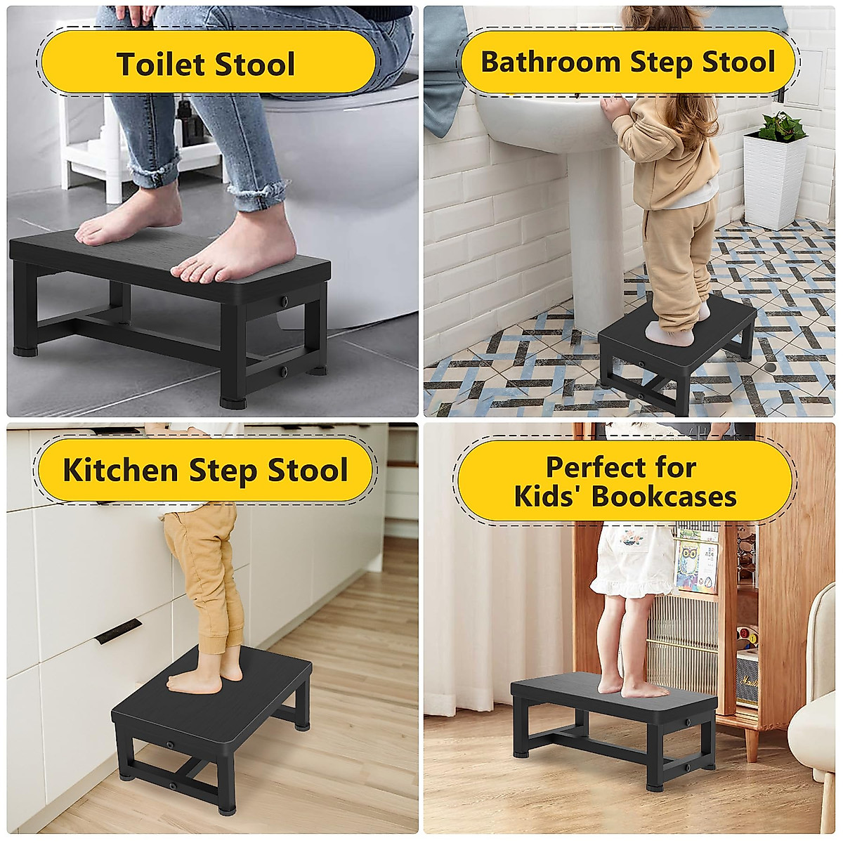 Step Stools for Adults Kids, Sturdy Wooden Stepping Stools with 450LB Capacity, Anti-Slip Bed Steps Stool for High Beds, Foot Stool One Step Stool for Kitchen Bathroom Bedroom, Black