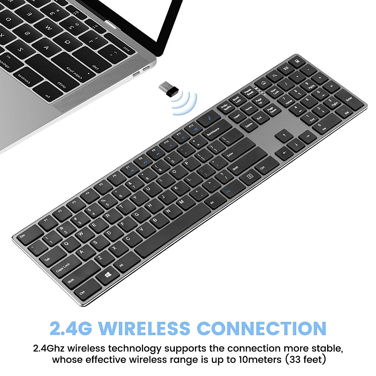 TIETI K01R Wireless Keyboard, 2.4G Slim and Compact Wireless Keyboard with Numeric Keypad, Long Battery Life, Lag-Free for PC Laptop Computer Windows, Space Grey