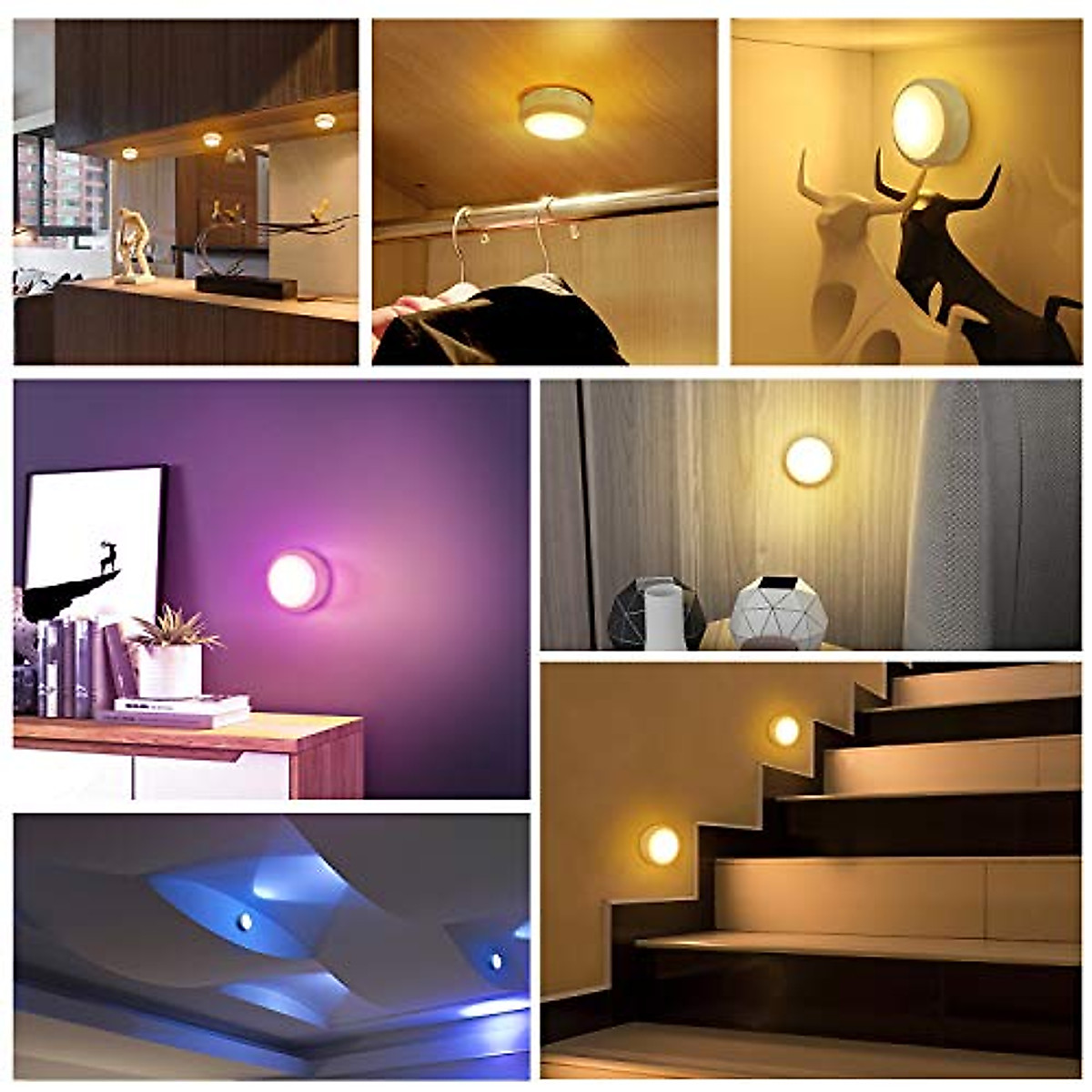 BLS LED Puck Lights with Remote Control, Wireless Under Cabinet Lighting, Battery Powered Lights, Stick on Lights, Color Changing Lights with Dimmer and Timer, AA Battery Operated Closet Light, 6 Pack