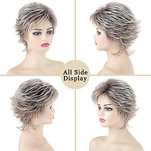 TISHINING Layered Short Blonde Pixie Wigs for White Women Dark Brown Ombre Blonde Pixie Cut Wig with Bangs Synthetic Natural Looking Daily Party Wig
