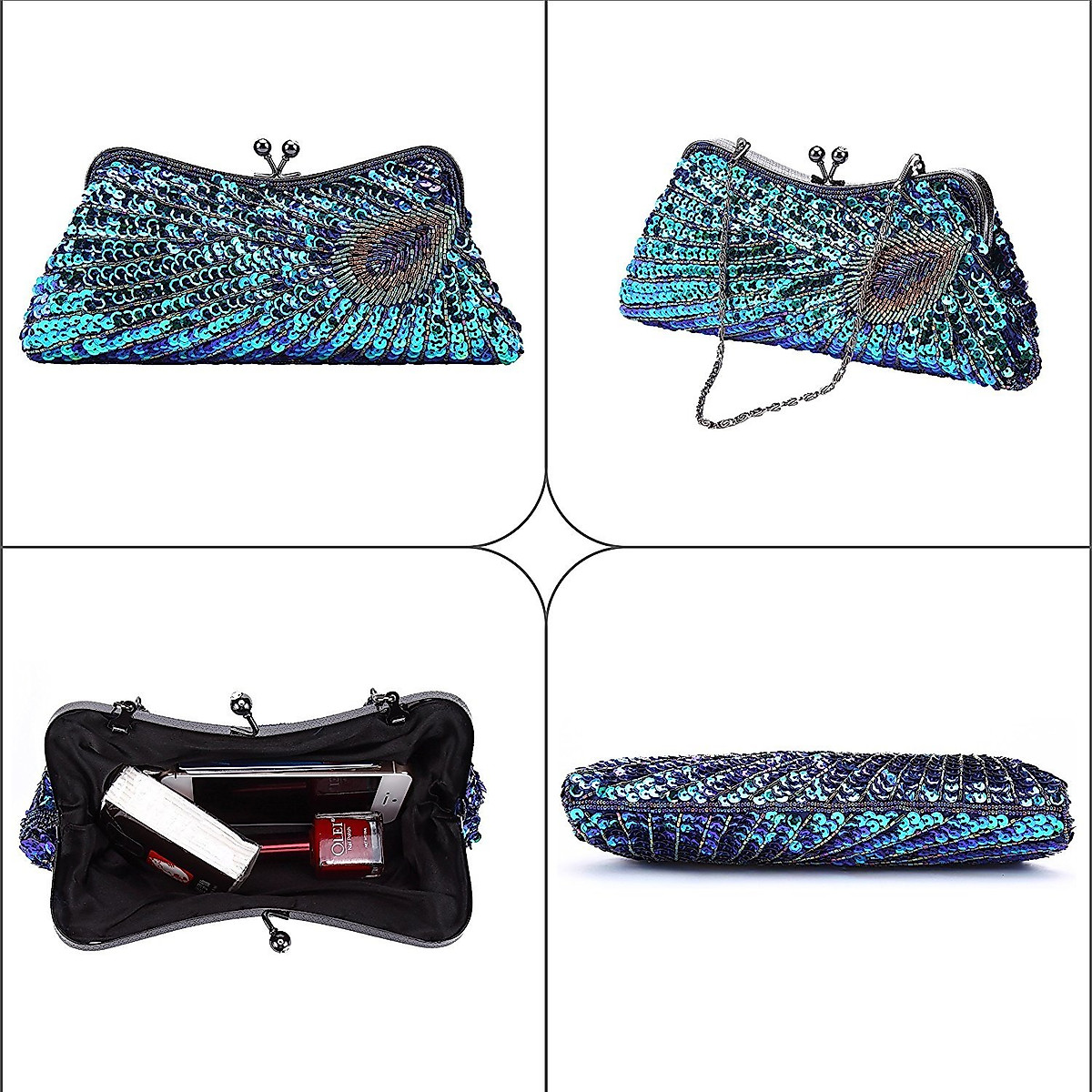 Baglamor Women's Kiss Lock Clutch Sequin Purse Peacock Clutch Bag (Blue)