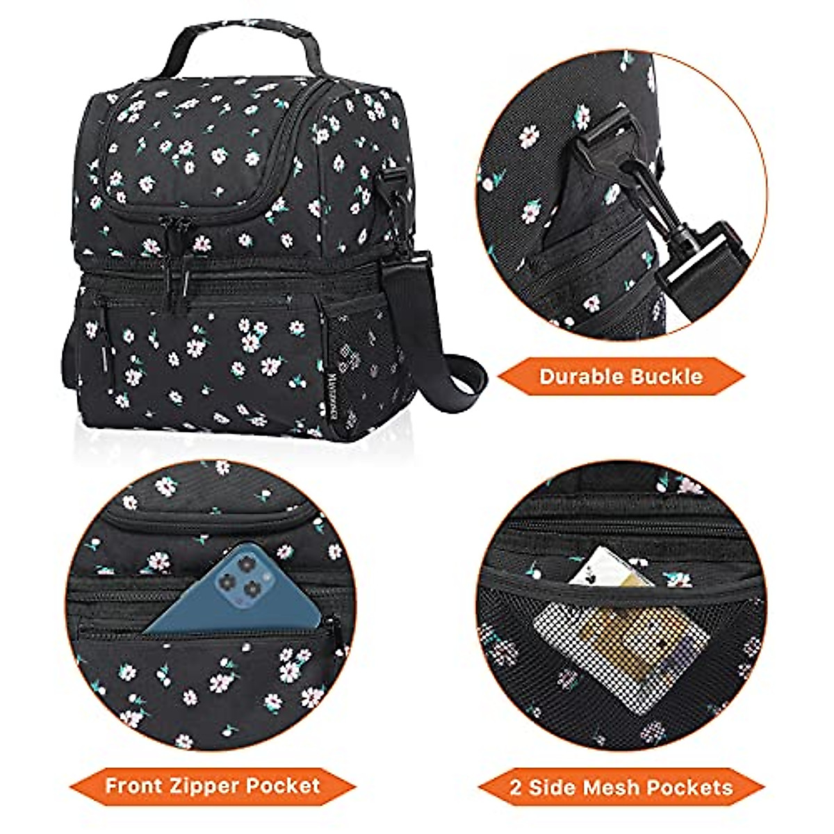 Insulated Lunch Box - 2 Compartment Large Adult Lunch Bag with Sturdy Support & Adjustable Shoulder Strap, Mens Womens Reusable Leakproof lunch Cooler Bags for Work, Beach, Picnic (Floral)