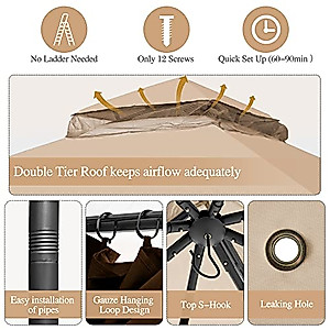 CHARMELEON Gazebo 10x10, Outdoor Gazebo with 4 Sandbags, Double Vented Roof Gazebo with Screen Netting Walls, Waterproof Patio Canopy for Deck, Party & Backyard (Khaki)