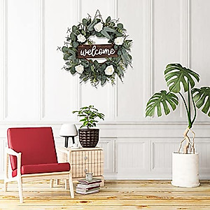 Adeeing Artificial Eucalyptus Wreath for Front Door 20 Inch Green Leaves Welcome Wreath with Wood Sign Rose Flower Farmhouse Wreath for Window Wall Party Home Decoration