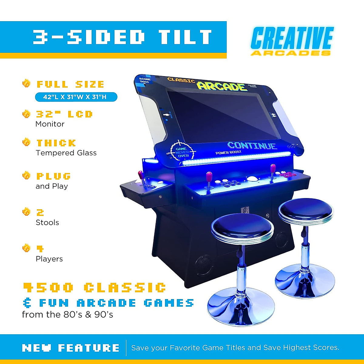 Creative Arcades Full Size Commercial Grade Cocktail Arcade Machine w/Riser | 2 Player | 3500 Games | 32" LCD Lifting Screen | LED | 4 Sanwa Joysticks | Trackball | 2 Stools | 3 Year Warranty