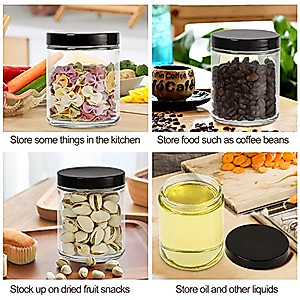 12 Pack 8 oz Clear Glass Jars with Lids, Round Empty Containers for Scrubs, Lotions, Cosmetic, Ointments and Butters, Travel Storage Jar, Black Lids, lables and Spatulas