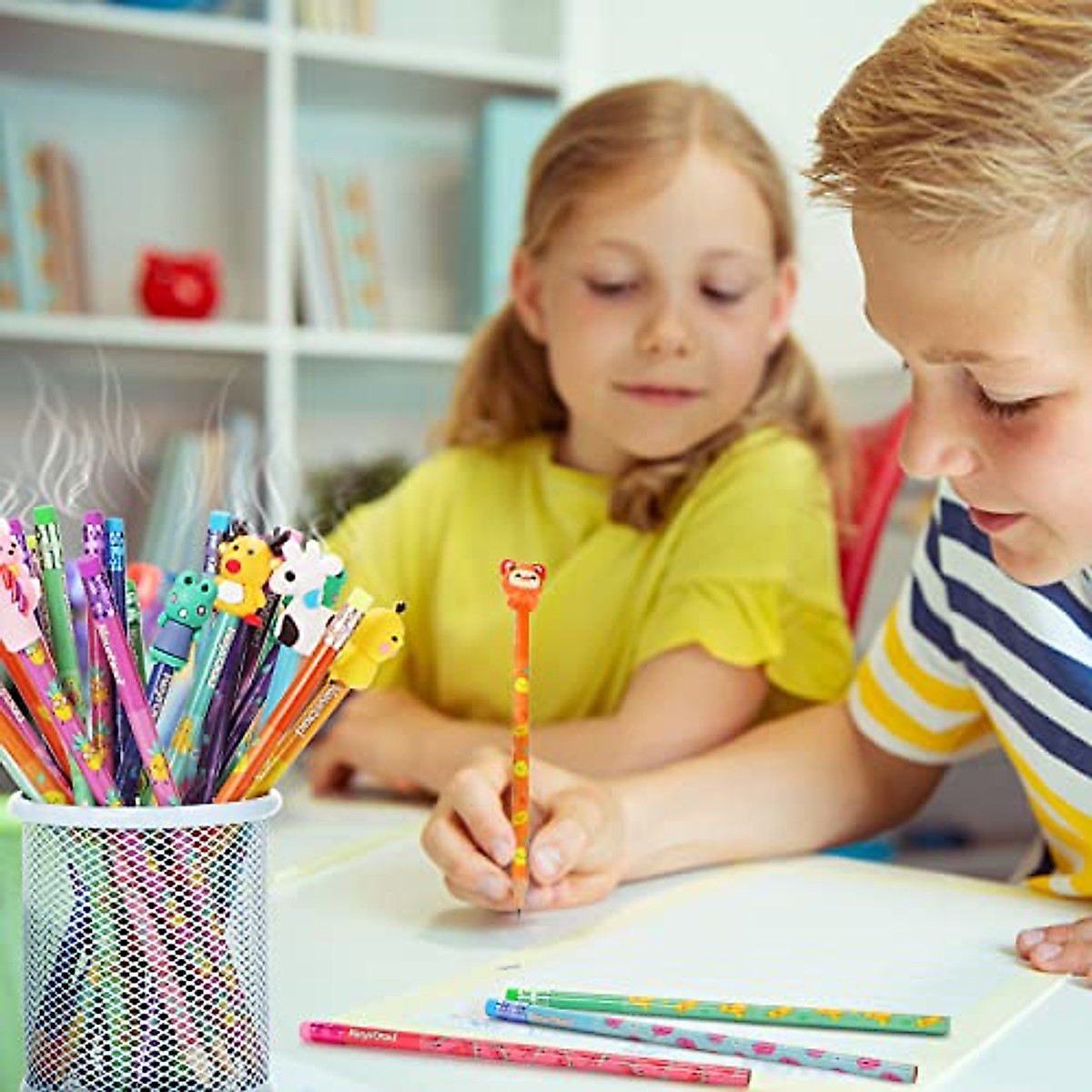 Ireer 60 Pcs Scented Pencils for Kids Animal Fruit Scent HB Graphite Pencils with 60 Pcs Cartoon Pencil Toppers Cute Pencil Cap Gift for School Office Classroom Party Reward Supplies (Bright Style)