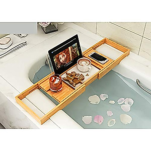 Bathtub Tray Bamboo Bathtub Caddy Tray with Extending Sides Adjustable Book Holder with Premium Luxury Tray Organizer for Phone and Wineglass (Wooden)
