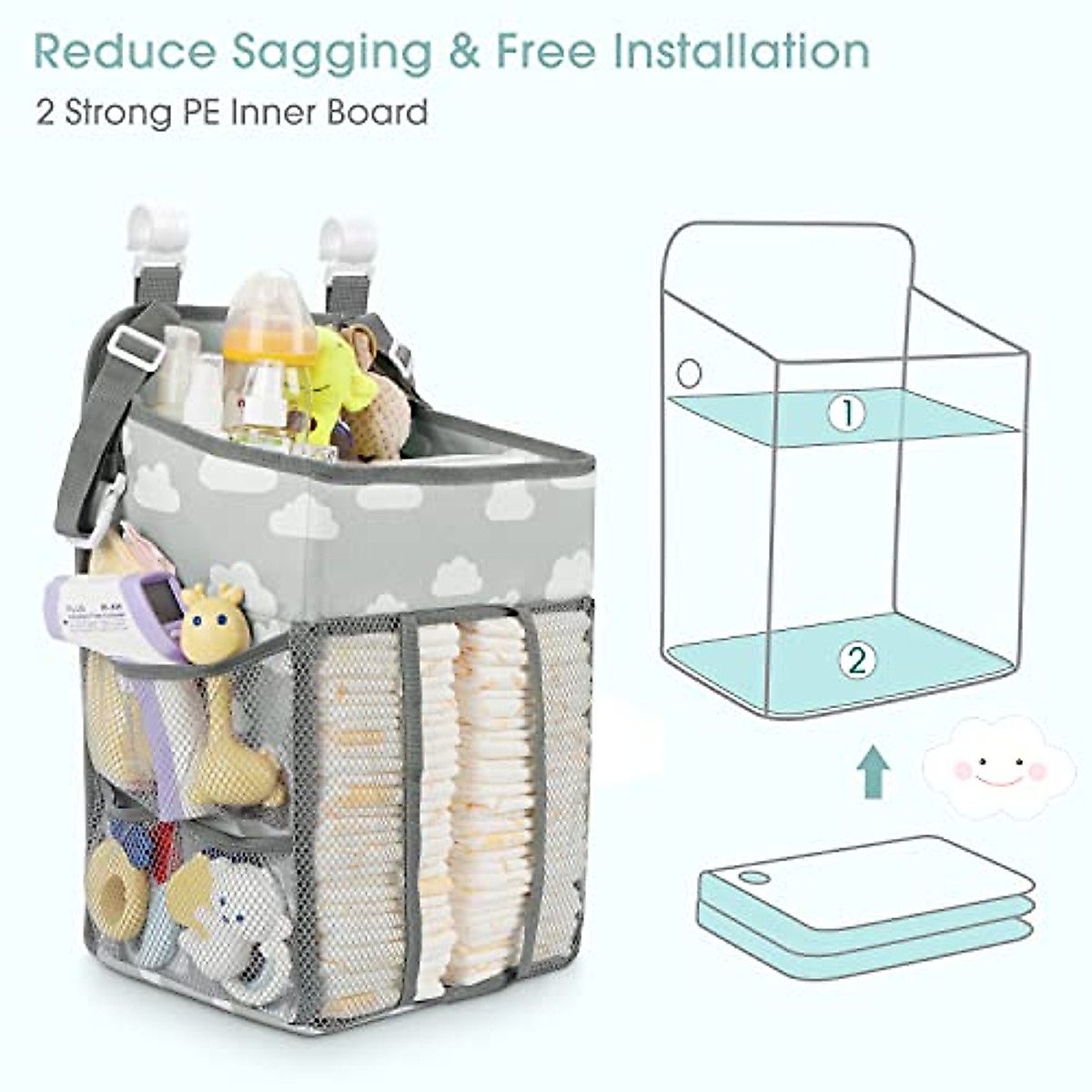 Maliton Hanging Diaper Caddy Organizer - Diaper Stacker for Changing Table, Crib, Playard or Wall & Nursery Organization Baby Shower Gifts for Newborn (Gray Cloud)
