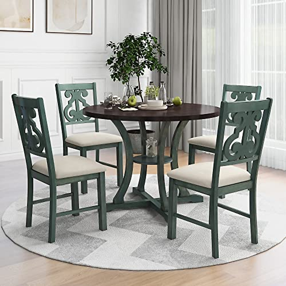 YUNLife&Home 5 Piece Kitchen and Dining Furniture Set,Round Table and Fabric Special-Shaped Legs & Exquisitely Designed Hollow Chairs Backn for Living Room/Breakfast Nook/Dinette, Antique Blue