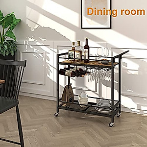 LAATOOREE Bar Cart, Home Bar Serving Cart, Mobile Drink Beverage Cart with Two-Color Top Shelf, Rolling Kitchen Cart with Wine Holder and Glass Holder, for Dinning Room, Living Room, Kitchen