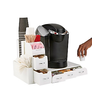 Mind Reader Single Serve Coffee Pod Drawer and Cup Condiment Set, 36 Pod Capacity, 5.35"L x 11.25"W x 11.15"H, 2 Pcs., White