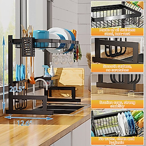 PUSDON Over Sink Dish Drying Rack (26"-37"), Adjustable Large Dish Drainer for Storage Kitchen Counter Organization, 2 Tier Stainless Steel Over Sink Dish Rack Display (Black, Sink Size≤37inch)