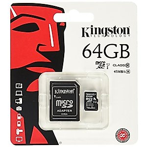Kingston Digital 64 GB microSD Class 10 UHS-1 Memory Card 30MB/s with Adapter (SDCX10/64GB)