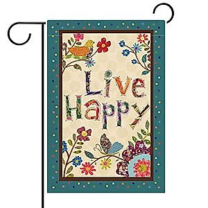 Hzppyz Live Happy Decorative Small Garden Flag Flower Bird, Spring Summer Inspirational Quote House Yard Outdoor Butterfly Floral Decor Double Sided, Fall Positive Farmhouse Outside Decoration 12 x 18