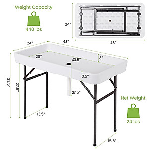 Giantex Folding Ice Table with Drain, 4 ft Portable Cooler with Removable Skirt, No Assembly, Fill and Chill Table for Food Drink Beverage, Foldable Party Ice Bin for Camping BBQ Outdoor
