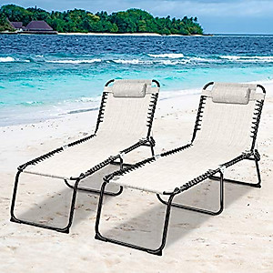 Goplus Beach Lounge Chair, Folding Chaise Lounger with Detachable Pillow & Adjustable 4-Level Backrest & 2-Level Footrest, Sun Bathing Chair for Patio Backyard Garden Outdoor