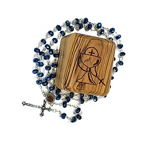LION OF JUDAH MARKET Olive Wood First Communion Jewelry Box with Rosary Deep Blue Glass