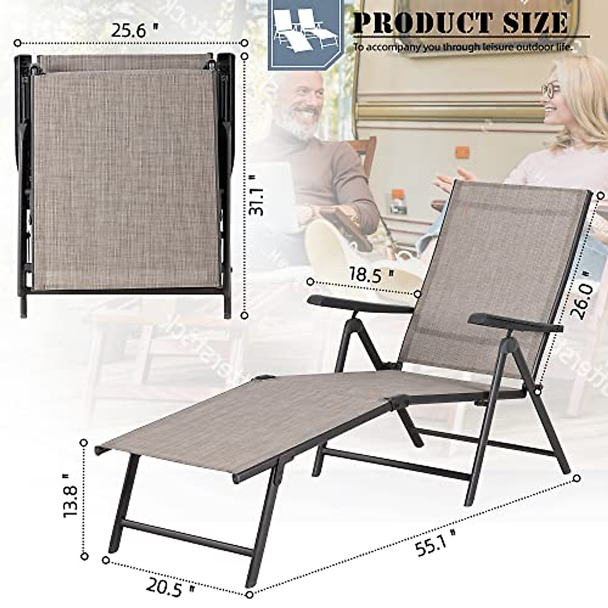 Shintenchi Outdoor Patio Chaise Lounge Chair Set of 2,Adjustable Folding Recliner Chair, Lightweight Portable Patio Lounger Chair for Pool,Deck,Beach,Yard