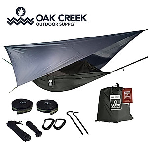 Oak Creek Camping Hammock and Accessories. Complete Package with Mosquito Bug Net, Rain Fly, Tree Straps. Great for Hiking, Backpacking, and Travel. Weighs Only 4 Pounds. Carbon Gray.