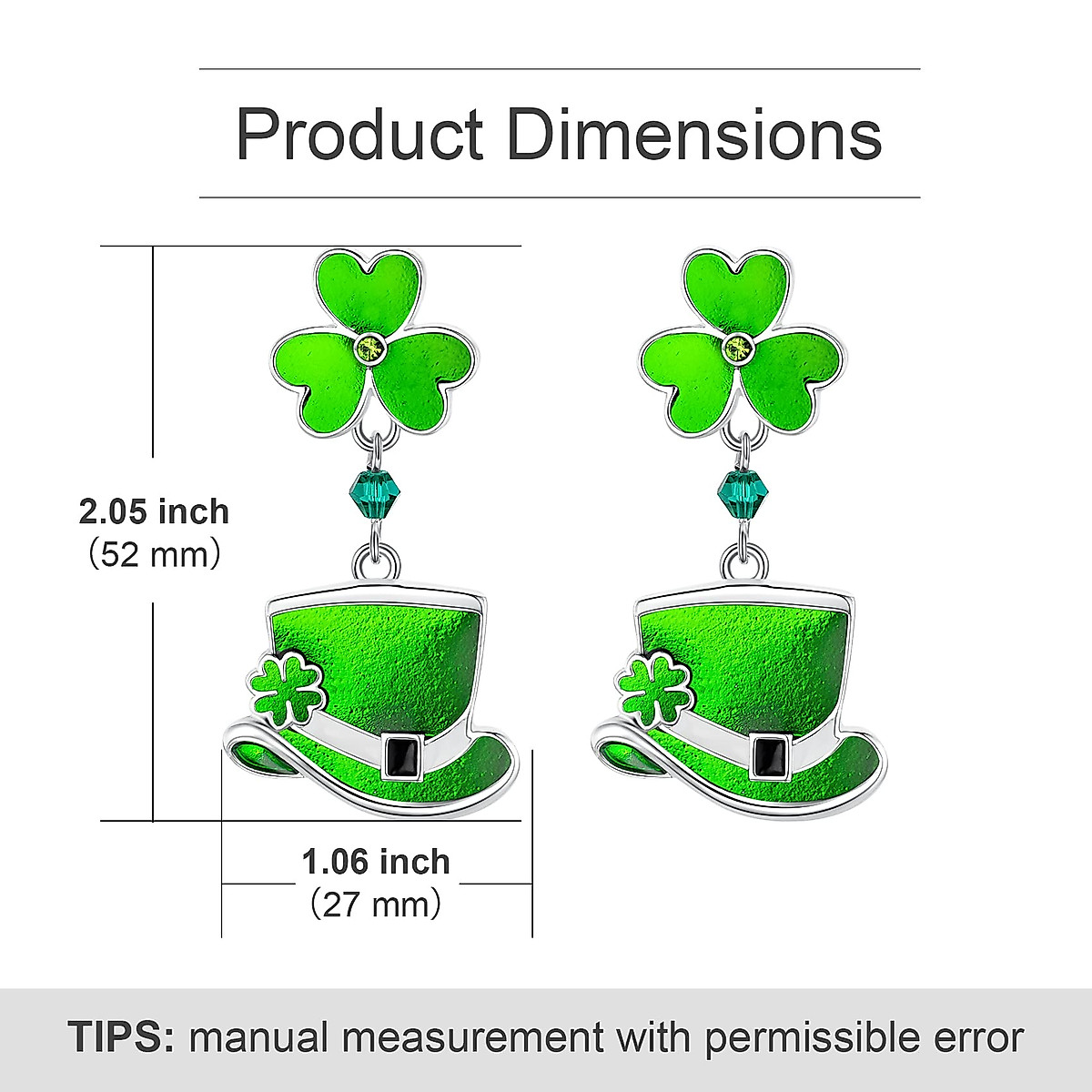 St. Patrick's Day Earrings, St Patricks Day Accessories, Shamrock Earrings, Stud Earrings for Women, 3-leaf Clover with Green Top Hat Drop Dangle Earrings for Women, E04A