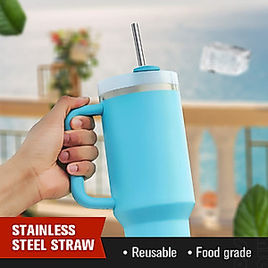 8 Piece 1/4 inch (6mm) Wide Stainless Steel Straws for 40 oz Tumbler with Handle, 12 Inch Long Reusable Metal Drinking Straws, Replacement Straws with Silicone Tips & Cleaning Brush, Silver