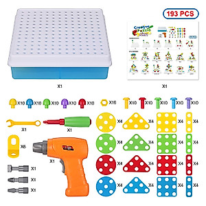 Haifeng Creative Mosaic Drill Set for Kids, STEM Toys for 3+ Year Old, Electric Drill Toy with DIY Screwdriver Tool,3D Construction Toys for Boy & Girl, Building Blocks for Toddler Preschool