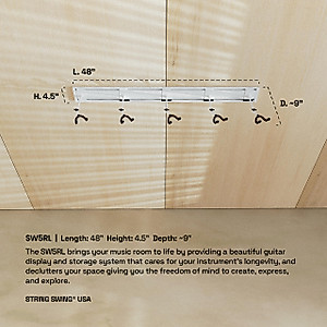 String Swing Guitar Wall Rack, Multiple Guitar Wall Mount, Guitar Organizer for Acoustic & Electric Guitars, 5 Padded Arm Hangers & White Slatwall Rail, Wall Mount Guitar Rack - MADE IN USA