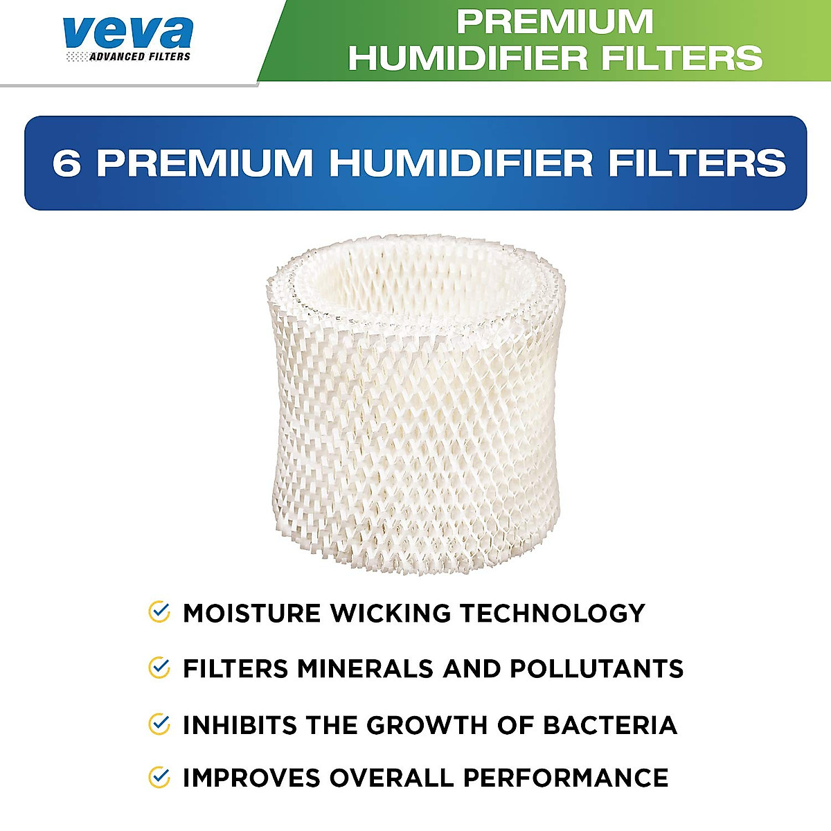 VEVA 6 Pack Premium Humidifier Filters Replacement for Protec, Vicks, Kaz Filter WF2 and V3500, V3100 & 3020 Cool Mist Humidifiers