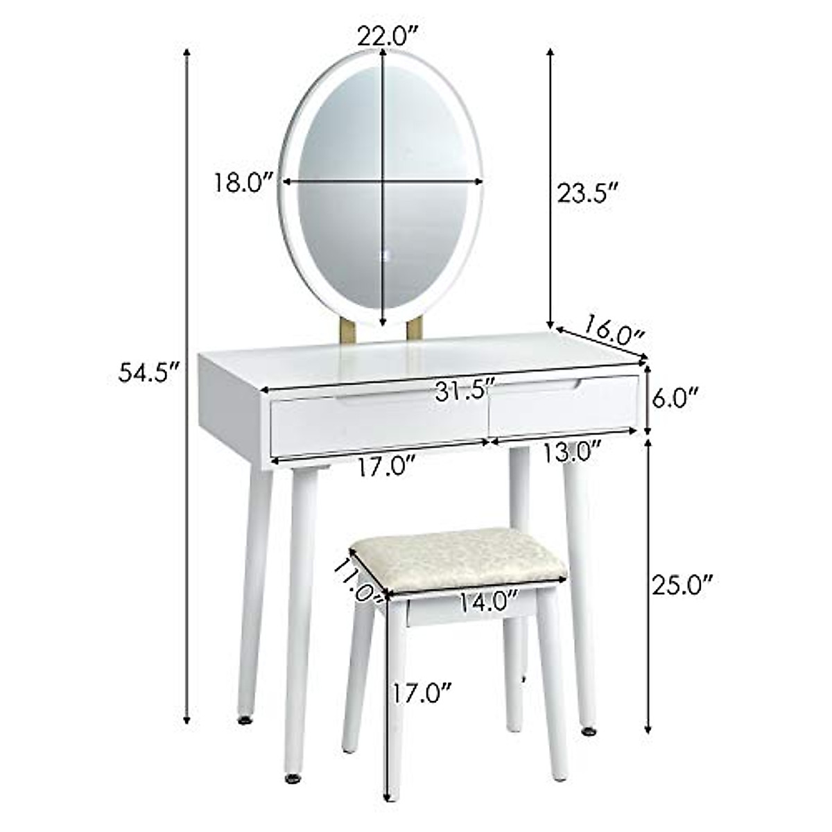CHARMAID Vanity Set with Lighted Mirror, 3 Modes Adjustable Brightness Mirror, Makeup Dressing Table with Cushioned Stool, 2 Sliding Drawers with Divider, Modern Bedroom Vanity for Girls Women (White)