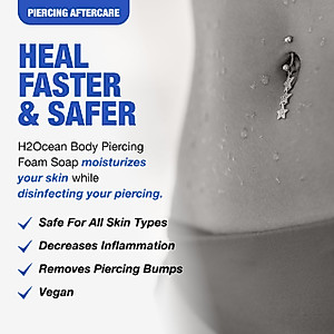H2Ocean Body Piercing Foam Soap Sea Salt Piercing Aftercare, Gentle Cleansing Moisturizing Soap With Aloe Vera, Alcohol Free, Unscented, Organic, Vegan 1.7oz