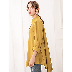 Minibee Women's Cotton Linen Shirt High Low Button Down Embroidered Blouse Long Sleeve Tunic Tops With Pocket Yellow 2XL