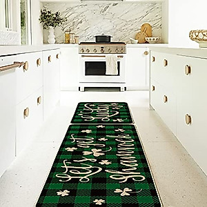 Artoid Mode Green Buffalo Plaid Let's Get Shamrock Lucky Clover Kitchen Mats Set of 2, Seasonal St. Patrick's Day Anniversary Holiday Decorations for Home Kitchen - 17 x 29 Inch and 17x47 Inch