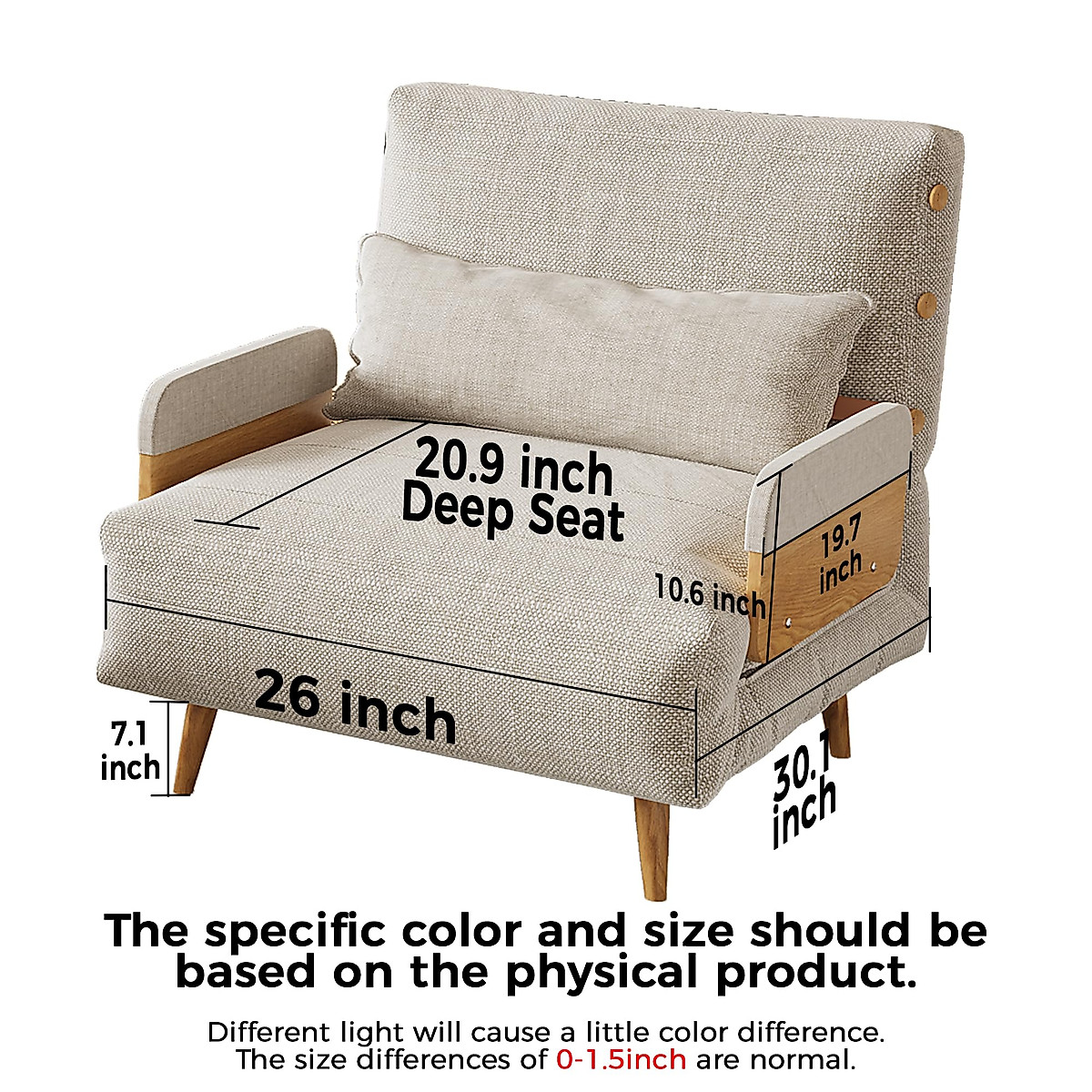 JASIWAY Modern Sofa Bed, 3 in 1 Sleeper Chair Bed Futon Sofa Bed Chaise Lounge Chair for Living Room Bedroom Office, Solid Wood Leg, Linen Fabric Beige Chair, 76.4" D x 27.6" W