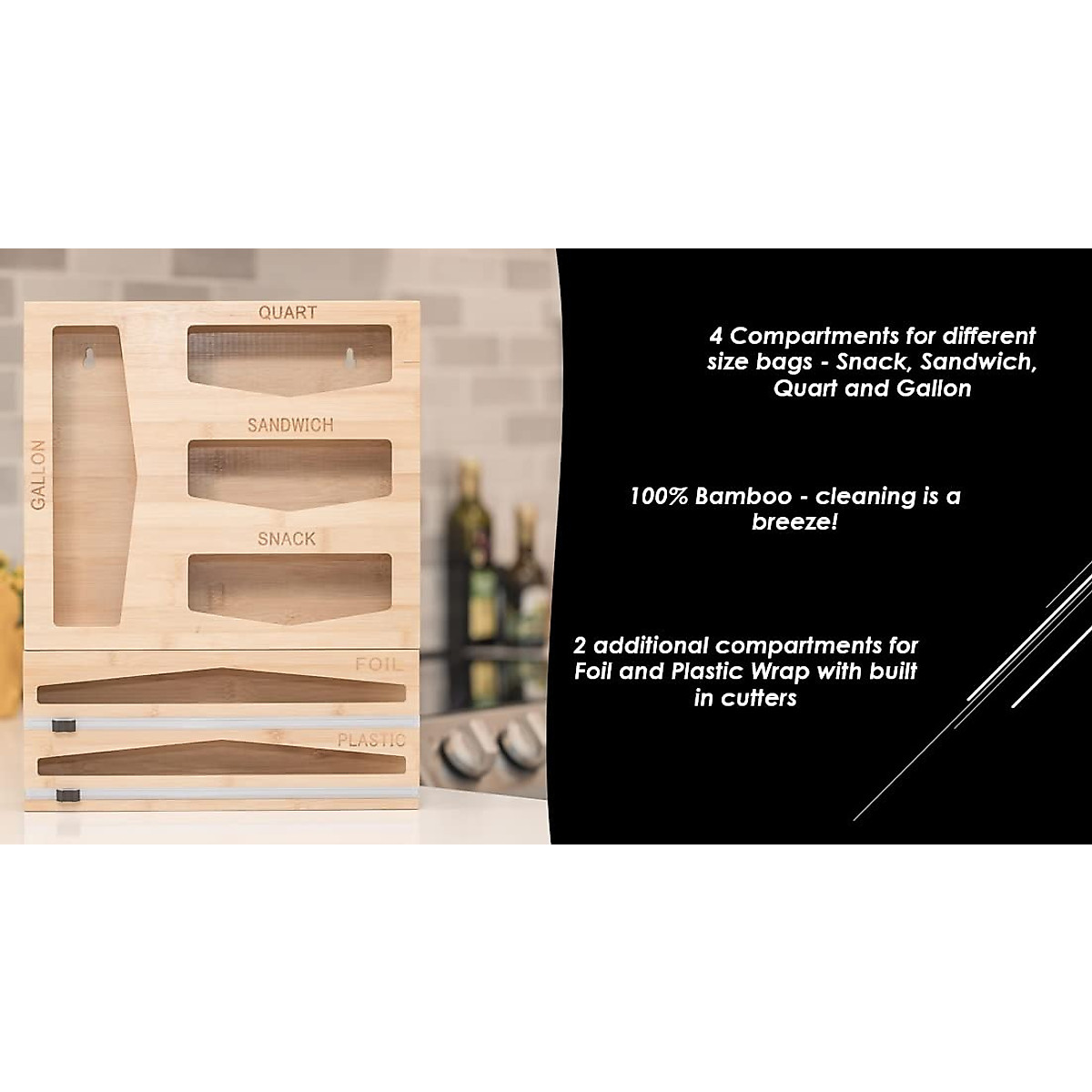 Brady Unlimited Storage Bag Organizer, Foil & Plastic Wrap Dispenser with Cutters, 6in1 Bamboo Bag Organizer for Kitchen Drawer & Wall Mount-Gallon,Quart,Sandwich,Snack, Foil & Plastic Holders