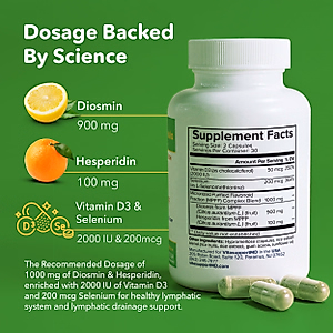 VITASUPPORTMD Lymphatic Formula, Diosmin Hesperidin 1000 mg, MPFF Lymphatic Support, Lymph System Support, Vitamin D3 and Selenium Supplement, 60 Capsules