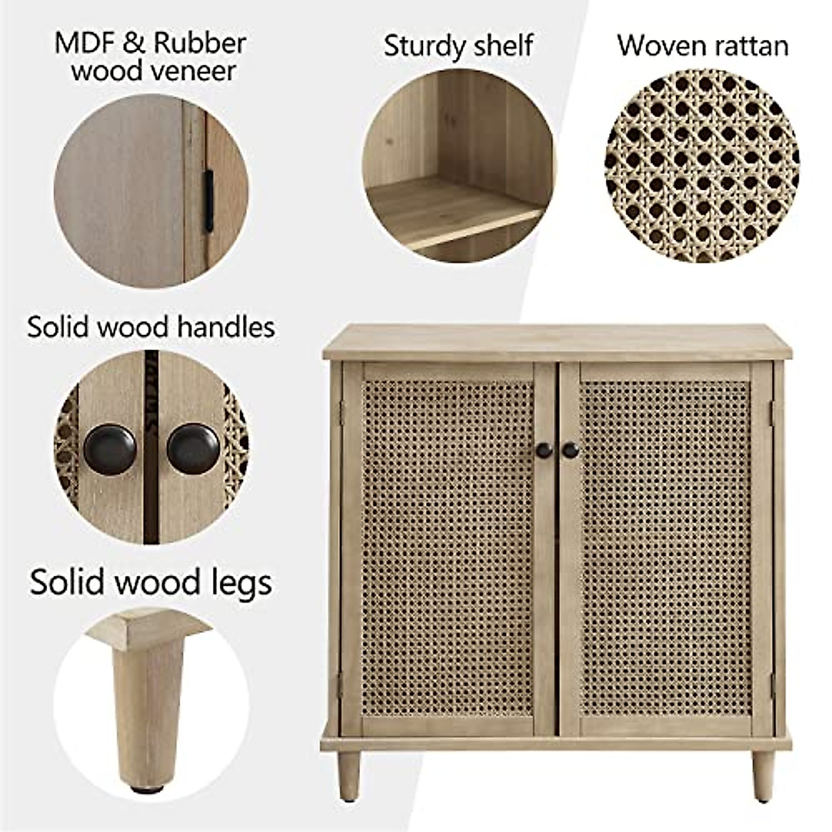 Volans Set of 2 Accent Storage Cabinet with Woven Rattan Wicker Doors, Sideboard Buffet Cabinet for Entryway, Hallway or Living Room, Rubber Wood Veneer