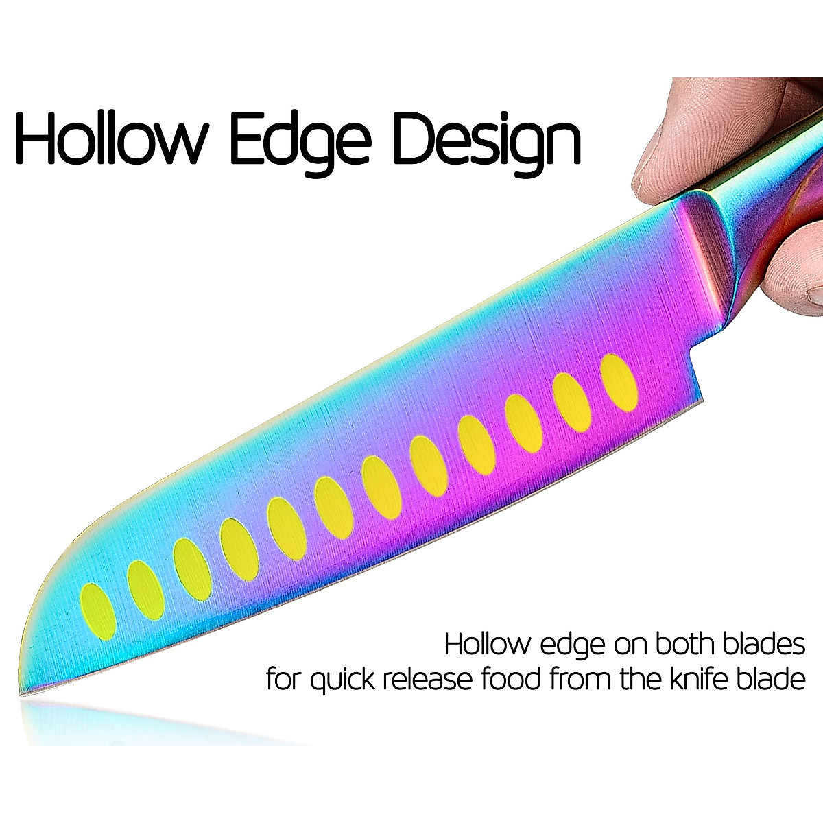 WELLSTAR Santoku Knife 5 Inch, Super Sharp German Steel Kitchen Cooking Knife with Comfortable Handle and Rainbow Coating for Slicing Dicing and Mincing of Meat Vegetables and Fruits for Small Hand