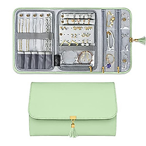 MATEIN Travel Jewelry Organizer Case, Foldable Water-Resistant Soft Leather Jewelry Roll, Women Jewelry Bag for Earrings, Rings, Necklaces, Bracelets, Green