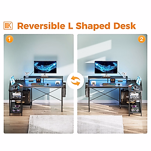 ODK 48 Inch Gaming Desk with USB Charging Ports and LED Lights, Reversible L Shaped Computer Desk with Storage Shelves & Monitor Stand, Corner Gamer Desk Table with Power Outlets, Black